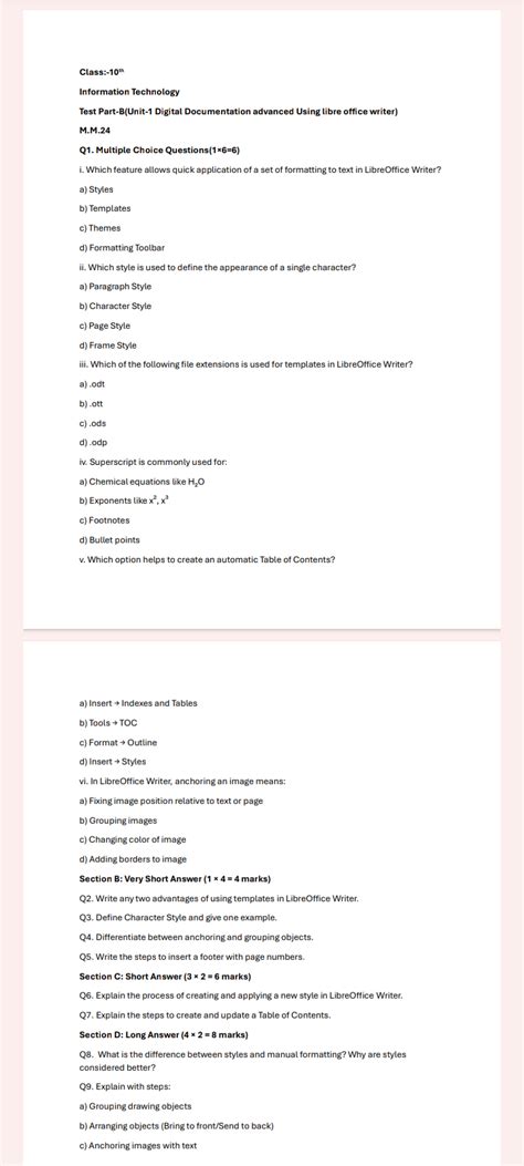 Information Technology Test Part B Unit 1 Digital Documentation Advan