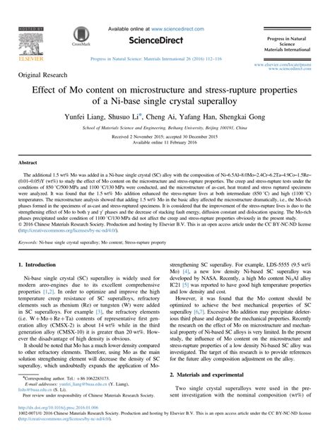 Pdf Effect Of Mo Content On The Microstructure And Stress Rupture Of A Ni Base Single Crystal