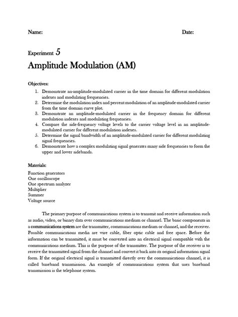 Experiment 5 Amplitude Modulation Group Pdf Frequency Modulation
