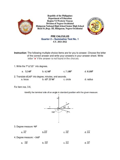 1st Summative Test In Pre Calculus Pdf Triangle Geometry Units Of Measurement