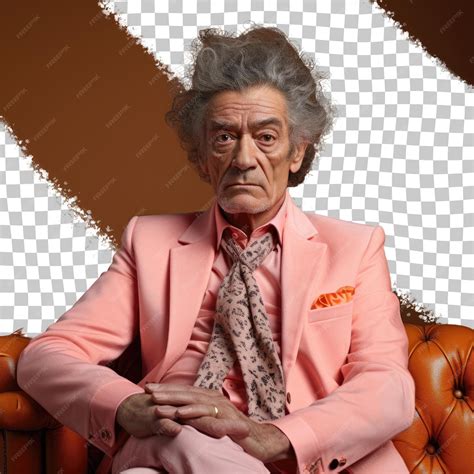 한 머리카락을 가진 유감스러운 시니어 범죄자 옷을 입은 중동 남자 앉은 손 휴식 파스텔 연어 배경 프리미엄 Psd 파일