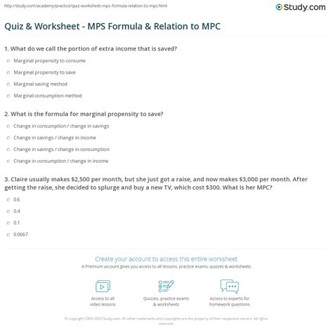 Quiz And Worksheet Mps Formula And Relation To Mpc
