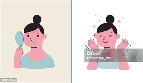 귀여운 소녀들과 함께하는 스킨케어 루틴 삽화 크림 로션 마스크 아이 크림 및 자외선 차단제 병 건강관리와 의술에 대한 스톡 벡터