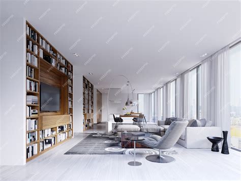 현대적인 인테리어에는 책과 Tv가 있는 빌트인 목재 선반이 있는 스칸디나비아 스타일의 주방이 있는 밝은 거실이 있습니다 3d 렌더링 프리미엄 사진
