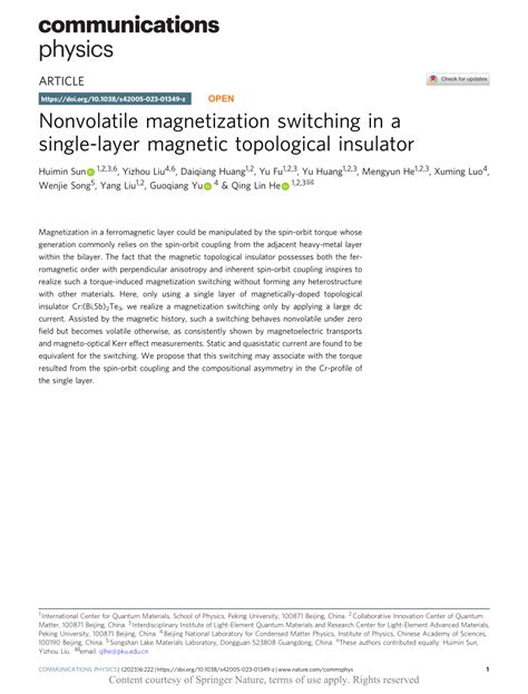 Pdf Nonvolatile Magnetization Switching In A Single Layer Magnetic Topological Insulator