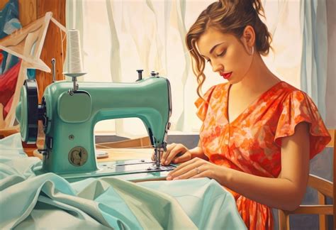Premium Ai Image Beautyful Young Woman Stitching On Sewing Machine Extreme Closeup Generative Ai