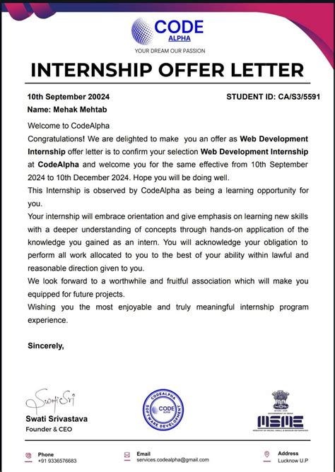 Mehak Mehtab On Linkedin Internship Webdevelopment Codealpha