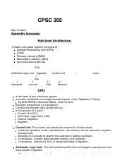 CPSC Part CPSC Sep Wed Assembly Language High Level Architecture A Basic