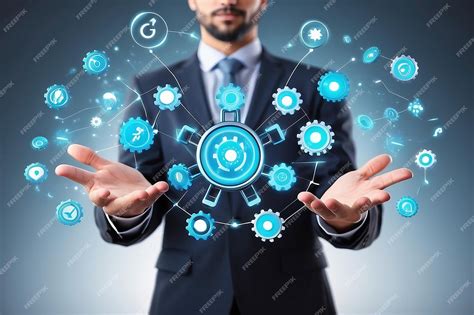 Businessman On Blurred Background Using Floating Gear Icons 3d Rendering Premium Ai Generated
