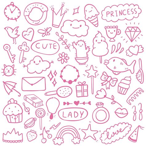 Vector Illustration Set Of Pink Doodle Icons Theme For Cute Girls