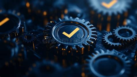 Successful Workflow And Automation With Checkmarks On Cogwheels A Closeup Image Of A Checkmark