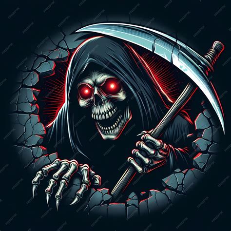 Grim Reaper Breaking Through With Glowing Red Eyes And Scythe Premium