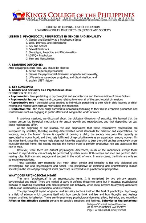 Midterm Lesson Help College Of Criminal Justice Education GE ELECT GS GENDER And SOCIETY