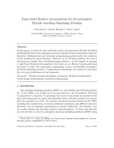 Pdf Logic Based Benders Decomposition For The Preemptive Flexible Job