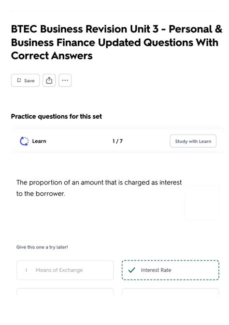 Btec Business Revision Unit 3 Personal And Business Finance Updated Questions With Correct
