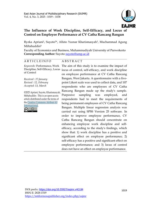 Pdf The Influence Of Work Discipline Self Efficacy And Locus Of Control On Employee