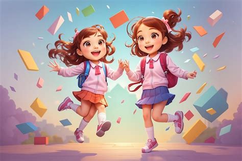 귀여운 유쾌한 학생 소녀 점프 만화 캐릭터 아이 어린이 학교 교육 손으로 그림 예술 일러스트레이션 프리미엄 사진
