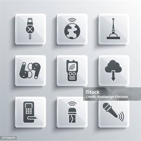 Usb 무선 어댑터 무선 마이크 클라우드 다운로드 워키토키 디지털 도어록 에어 헤드폰 Usb 케이블 코드 없음 및 안테나 아이콘을 설정합니다 벡터 0명에 대한 스톡 벡터