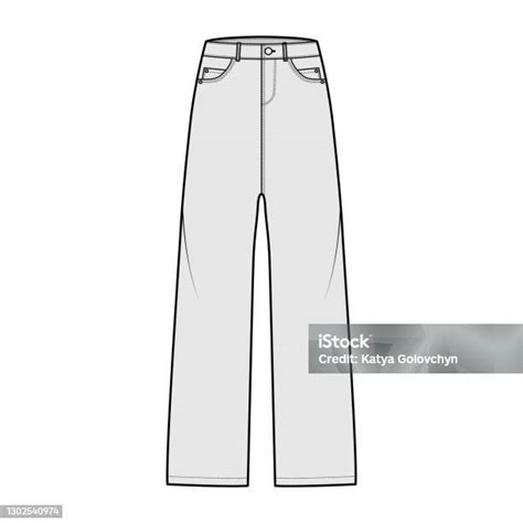 전체 길이 낮은 허리 상승 5 포켓 리벳 벨트 루프와 헐렁한 청바지 데님 바지 기술 패션 일러스트 데님에 대한 스톡 벡터 아트 및 기타 이미지 Istock