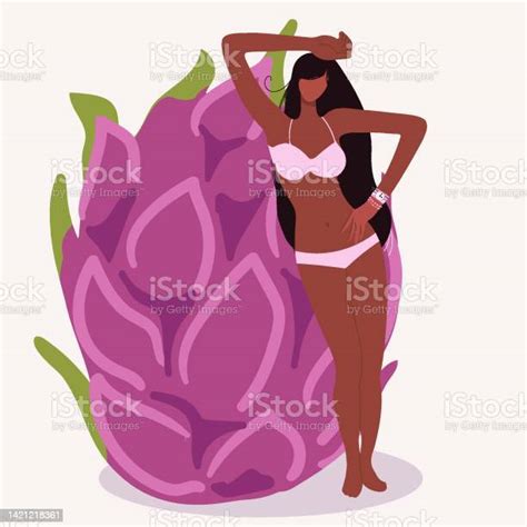 거대한 드래곤 과일 피타히야 피타야 여름 테마 해변에서의 휴가 여름 카페 여름 파티에 적합한 수영복을 입은 작은 아름다운 소녀의 벡터 일러스트 레이 션 가공의 인물에 대한