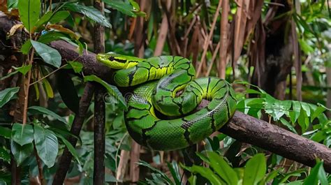 Green Tree Python Coiled Around A Tree Branch In A Lush Tropical Rainforest Setting Stock