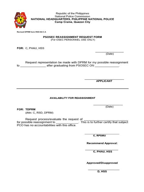 Psosec Reassignment Request Form Pdf