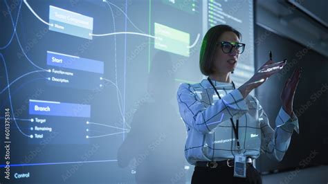 Babe Businesswoman Presenting A Web Development Road Map In A Dark Room With Projecting Images