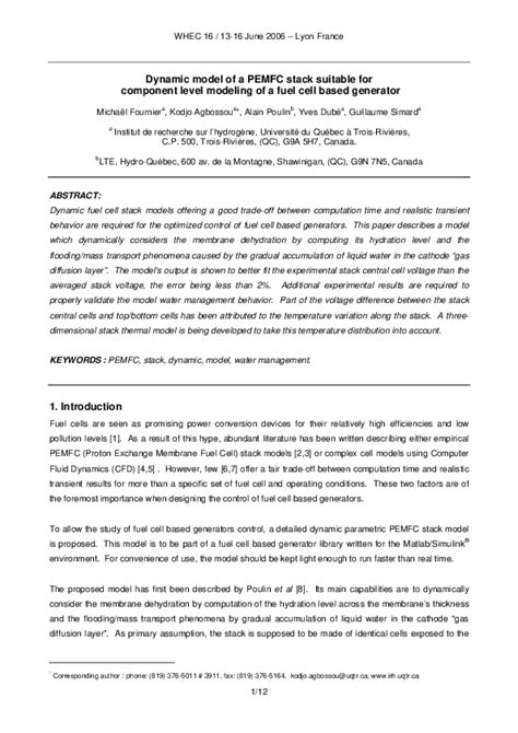Pdf Dynamic Model Of A Pemfc Stack Suitable For Component Level Modeling Of A Fuel Cell Based