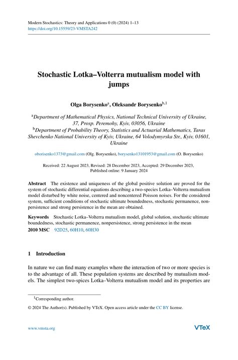 Pdf Stochastic Lotkavolterra Mutualism Model With Jumps