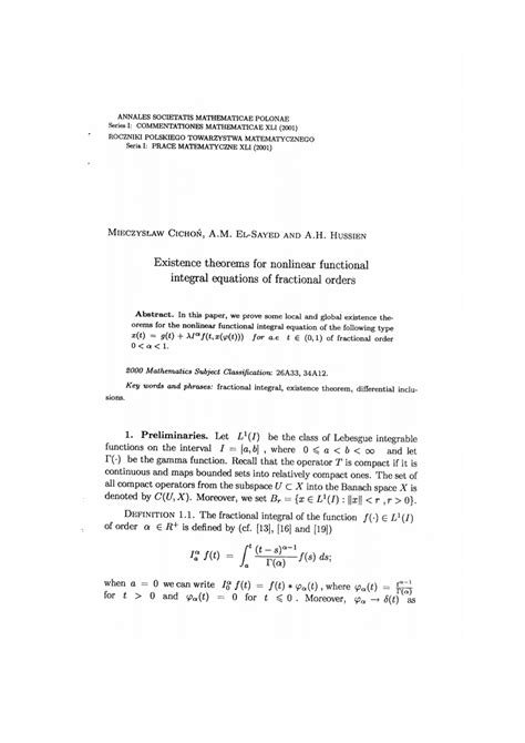 Pdf Existence Theorem For Nonlinear Functional Integral Equations Of Fractional Orders