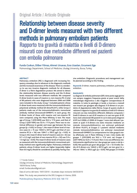 Pdf Relationship Between Disease Severity And D Dimer Levels Measured With Two Different