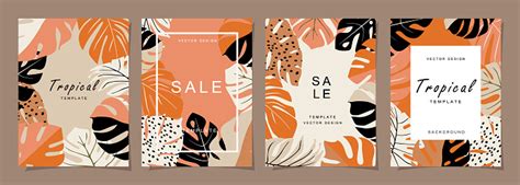 포스터 카드 표지 라벨 현대적인 미니멀리스트 스타일의 배너와 열대 잎 꽃 식물이 있는 간단한 여름 디자인 템플릿을 위한 여름 템플릿 세트 우림에 대한 스톡 벡터 아트 및
