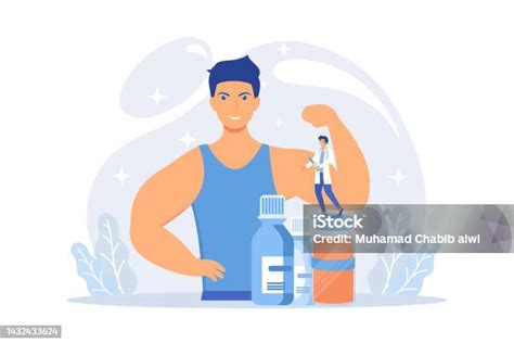 운동 선수에게 단백 동화 스테로이드 주사를하는 주사기를 가진 작은 사람들 의사 단백 동화 스테로이드 노화 방지 보조 불법 스포츠 약물 개념 플랫 벡터 현대 일러스트 레이 션