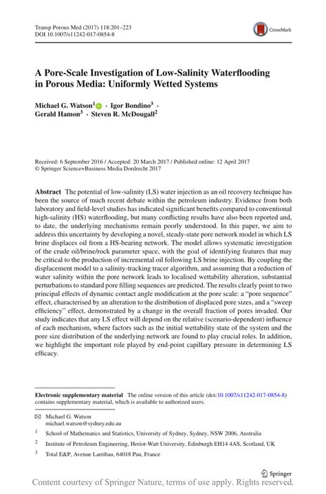 A Pore Scale Investigation Of Low Salinity Waterflooding In Porous Media Uniformly Wetted