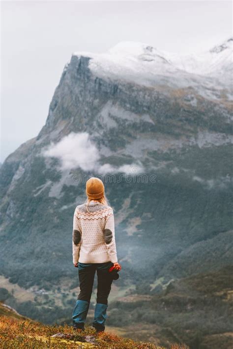 Woman Photographer Hiking In Norway Autumn Season Adventure Lifestyle