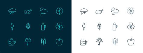 세트 라인 네 잎 클로버 우산과 빗방울 보온병 용기 밀 잎 태양 번개 및 구운 칠면조 또는 닭고기 아이콘과 구름 벡터 4가지 개체에 대한 스톡 벡터 아트 및 기타 이미지