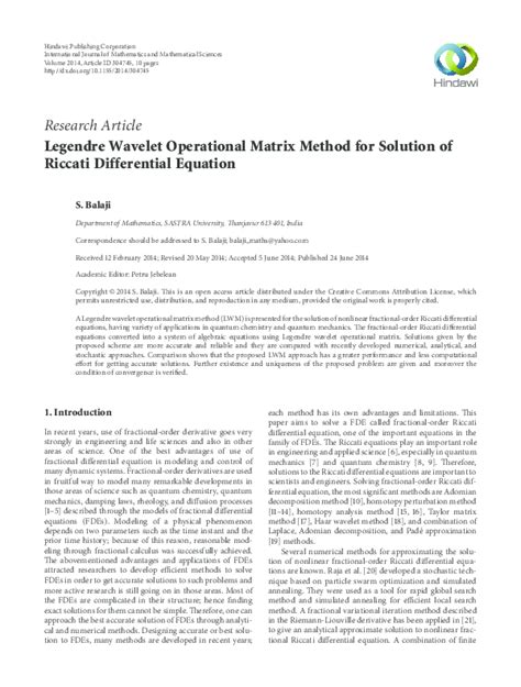 Research Article Legendre Wavelet Operational Matrix Method For Solution Of Riccati Differential