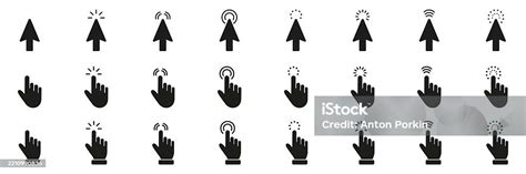 화살표와 손 커서 솔리드 아이콘 세트 Click And Tap Gesture Silhouette Symbol Collection