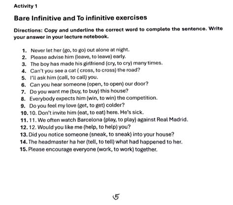 Activity 1 Bare Infinitive And To Infinitive Studyx