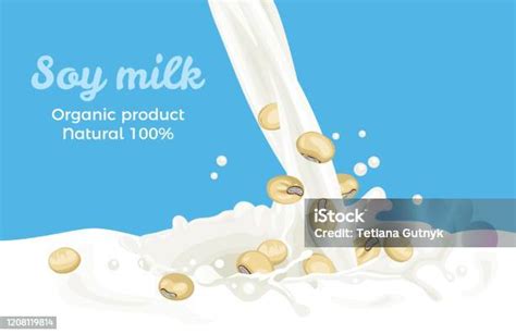 푸른 배경에 고립 된 두유를 붓는다 스플래시 와 우유 방울 만화 플랫 스타일의 우유 흐름의 벡터 그림입니다 식물성 음료 및 대두 유기농 유제품 프리 비건 우유 비거니즘에