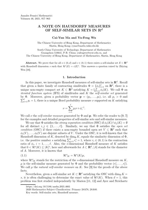 Pdf A Note On Hausdorff Measures Of Self Similar Sets In Rd