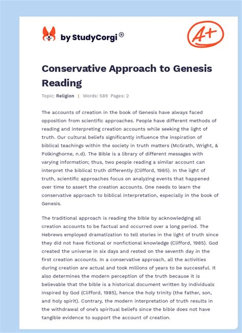 Conservative Approach To Genesis Reading Free Essay Example
