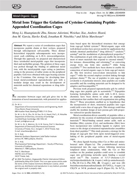 Pdf Metal Ions Trigger The Gelation Of Cysteine‐containing Peptide‐appended Coordination Cages