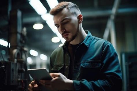 Premium Ai Image Shot Of A Young Man Using A Digital Tablet While Working At A Factory Created