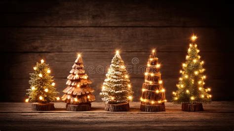 Five Small Illuminated Christmas Trees With Warm White Lights On A