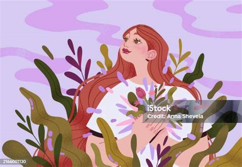 그녀의 마음에 손을 가진 나뭇잎 Bg에 행복 한 여자의 벡터 일러스트 레이 션 가슴에 손을 얹음에 대한 스톡 벡터 아트 및 기타 이미지 가슴에 손을 얹음 긍정적인 감정