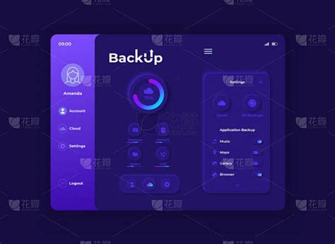 备份应用程序平板接口向量模板。移动应用程序页面夜间模式设计布局。云存储服务屏幕平面ui的应用。移动 备份应用程序平板接口向量模板。移动应用程序页面夜间模式设计布局。云存储服务屏幕平面ui的应用。移动