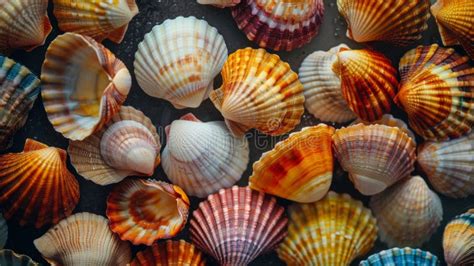 Colorful Seashell Collection With Various Patterns And Textures Stock