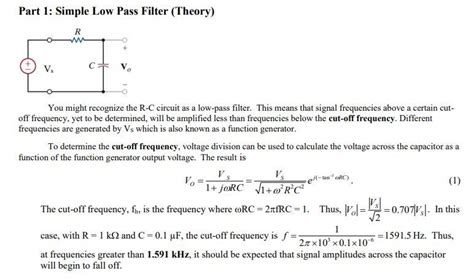 solved part 1 simple low pass filter theory r ww vs vs