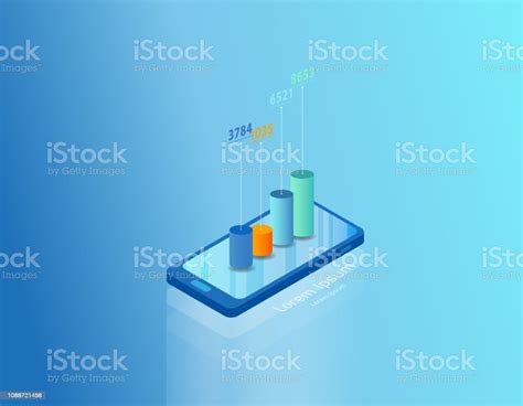 아이소메트릭 스마트폰 화려한 차트 화면에서 나오는 벡터 일러스트 레이 션 배경 템플릿 3차원 형태에 대한 스톡 벡터 아트 및 기타 이미지 3차원 형태 개념 공란